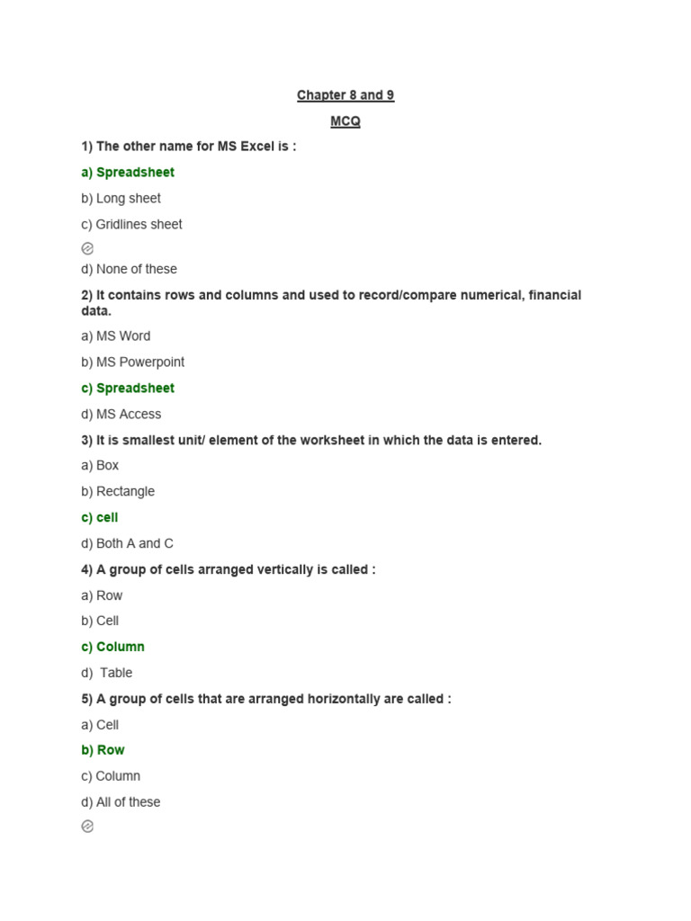 Class7 MCQ Excel | PDF | Microsoft Excel | Spreadsheet