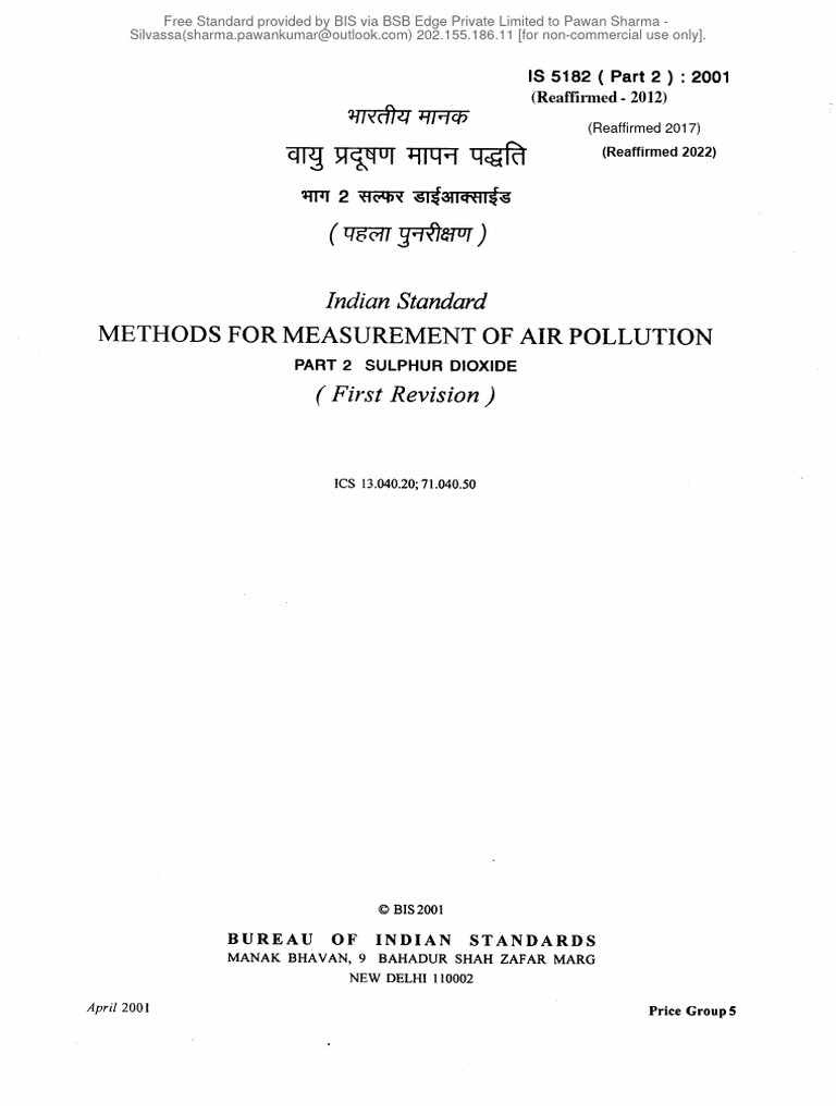 IS 5182 - 2 - 2001 - Reff2022 Methods For Measurement of Air Pollution ...