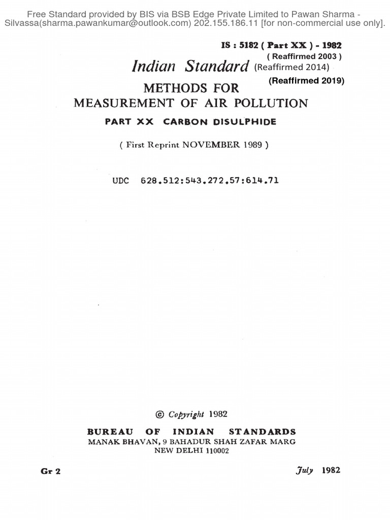 IS 5182 - 20 Methods For Measurement of Air Pollution Part 20 Carbon ...
