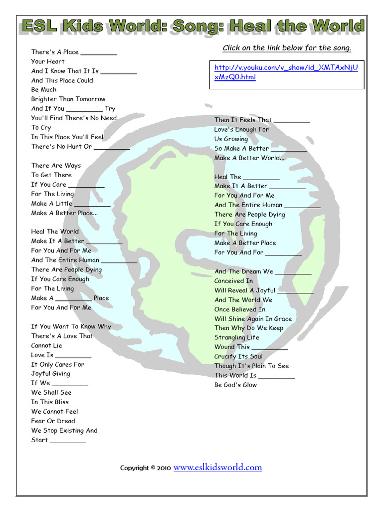 M J Heal The World Song Worksheet | PDF | Religion & Spirituality