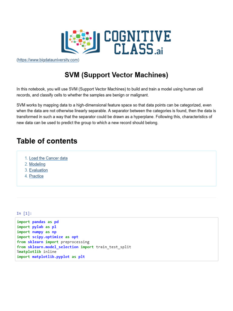 ML0101EN Clas SVM Cancer Py v1 | PDF | Support Vector Machine | Statistics