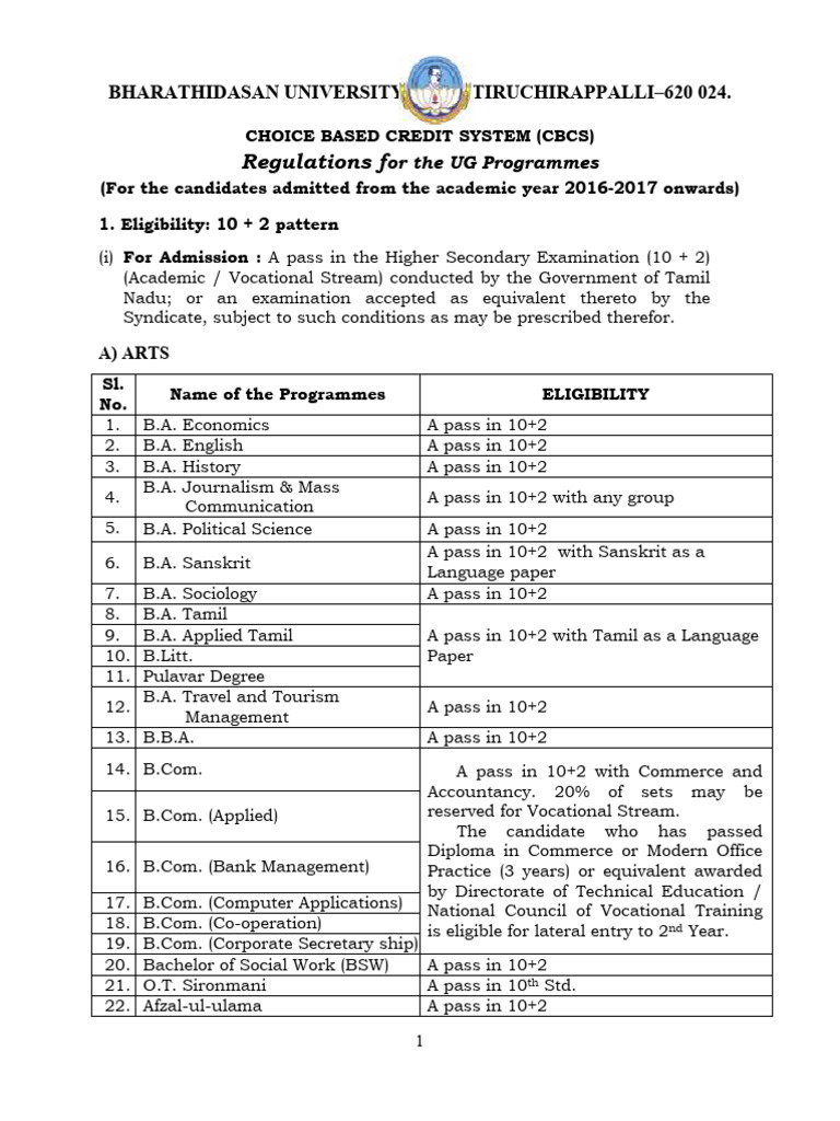UG Regulations For 2016 17 | PDF | Bachelor's Degree | Course Credit