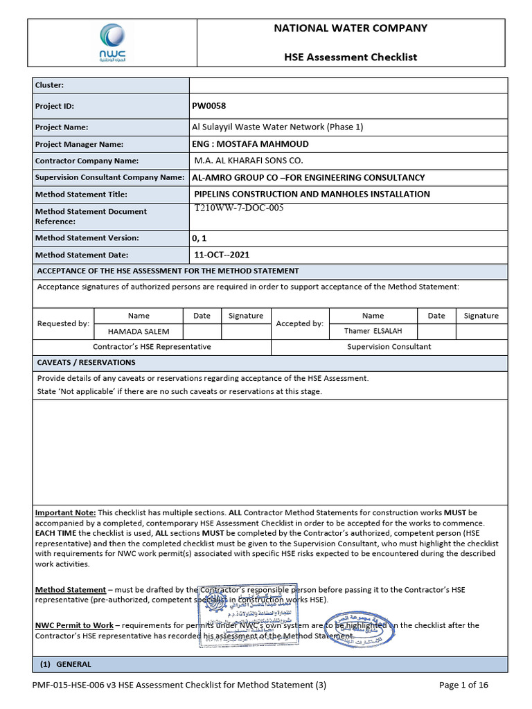 PMF-015-HSE-006 v3 HSE Assessment Checklist For Method Statement | PDF ...