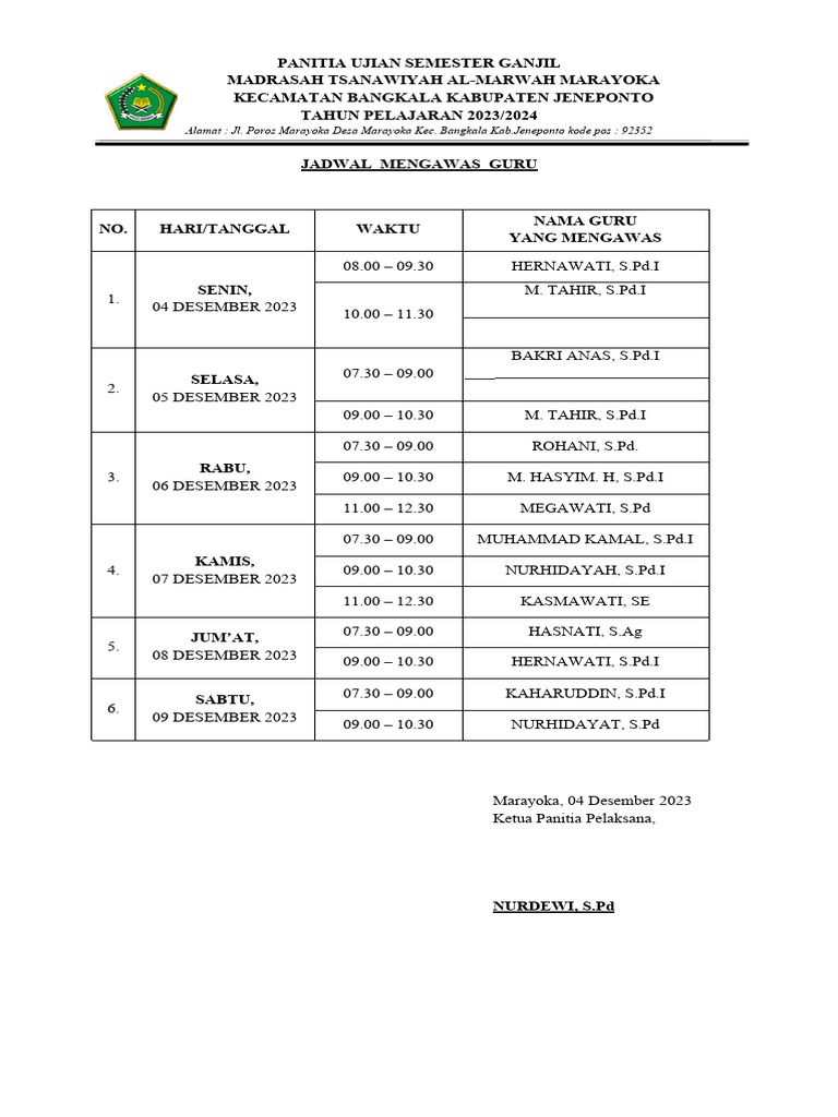 Jadwal Pengawas Ujian Semester Ganjil Ta. 2022 - 2023 | PDF