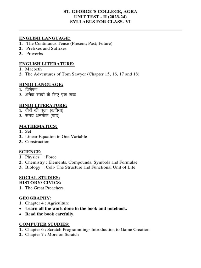 Syllabus Class-Vi | PDF