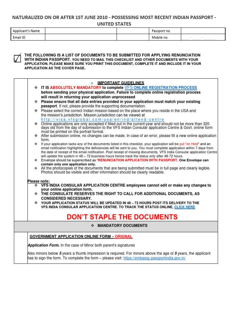 Renunciation Checklist for Indian Passport | PDF | Passport ...