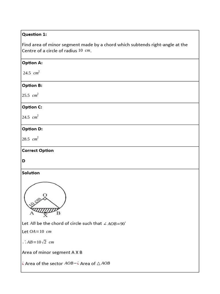 Find Area of Minor Segment Made by A Chord Which Subtends Right-Angle ...