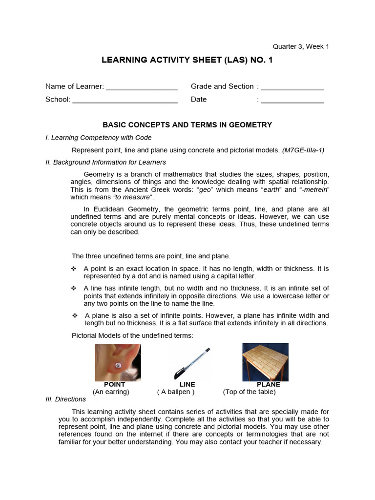 G7 Q3 1 Basic Concepts In Geometry Point Line Plane Pdf