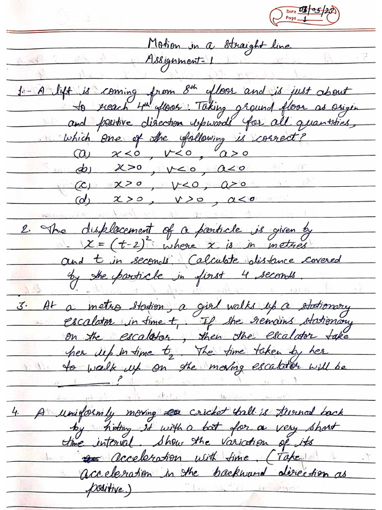 Motion in A Straight Line Assignment 1 Class XI | PDF