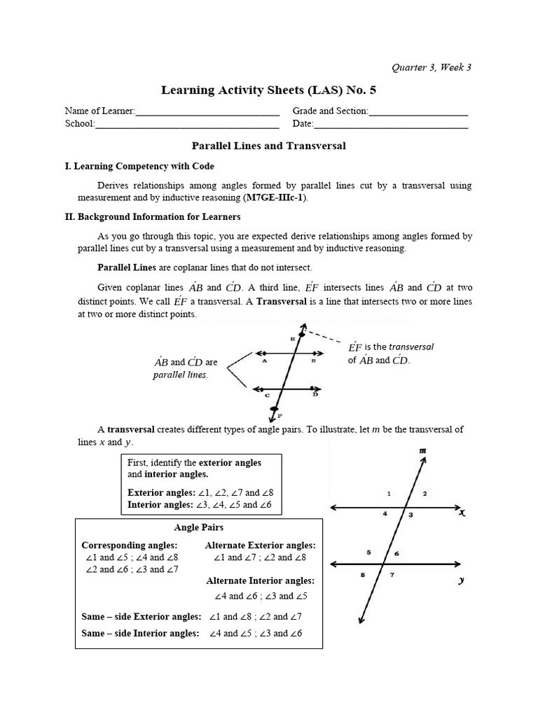 G7-Q3-5-Parallel Lines and Transversal Lines | PDF | Angle | Euclidean Geometry