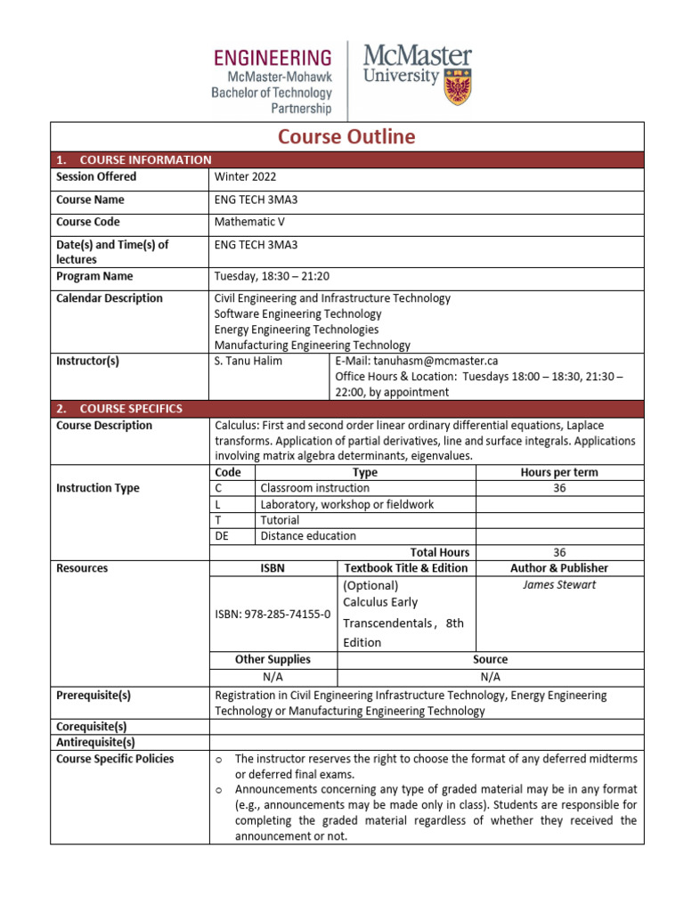 ENG_TECH_3MA3 - MATH V | PDF | Laplace Transform | Integral