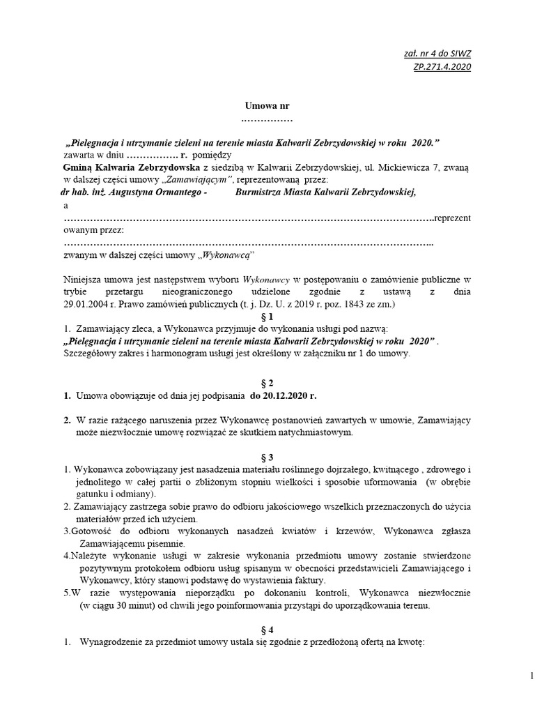 Zal. NR 4 Do SIWZ - Projekt Umowy Z Zalacznikiem | PDF