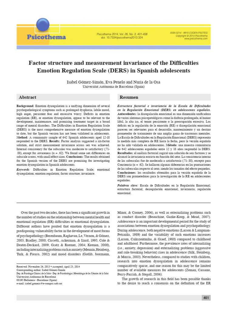 Factor Structure and Measurement Invariance of The Diffi Culties ...