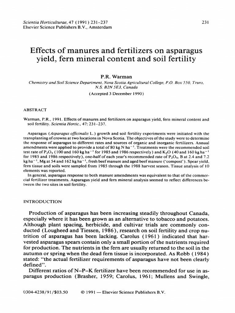 Effects of Manures and Fertilizers On Asparagus Yield, Fern Mineral ...