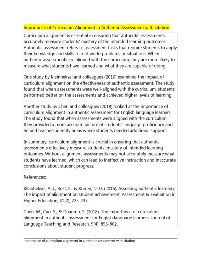 Curriculum Alignment (Authentic Assessment) | PDF | Educational ...