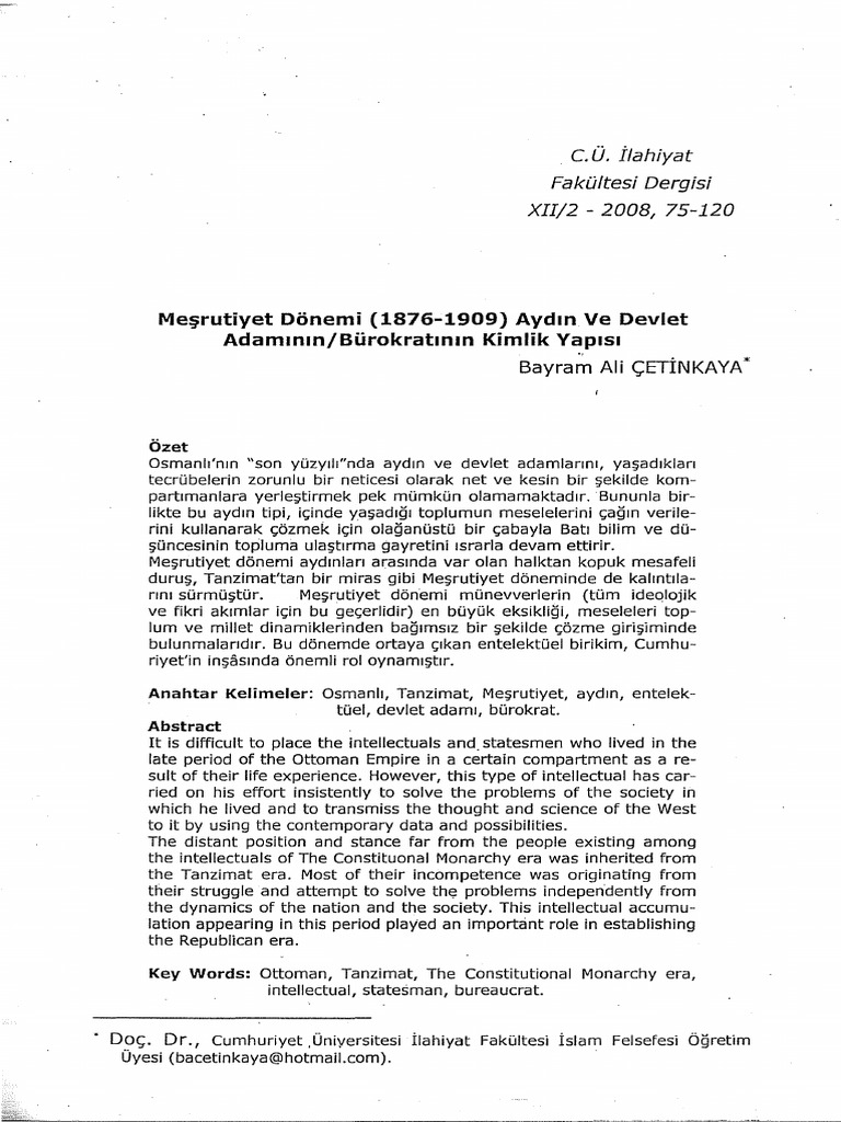 Me Rutiyet D Nemi (1876-1909) Ayd N Ve Devlet Adam N N-B Rokrat N N Kimlik Yap S ( | PDF