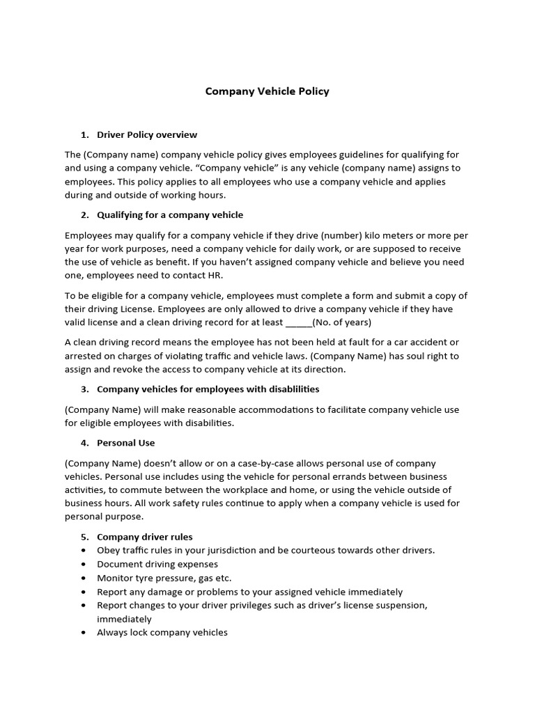 Company Vehicle Policy | PDF | Vehicles | Driving