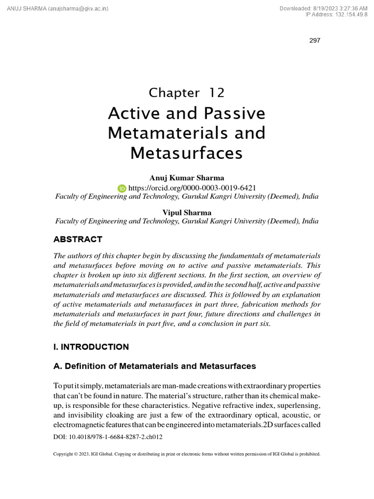 Active and Passive Metamaterials and Metasurfaces 1 | PDF