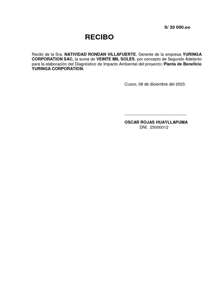 Recibo de Adelanto Yuringa Corporation | PDF