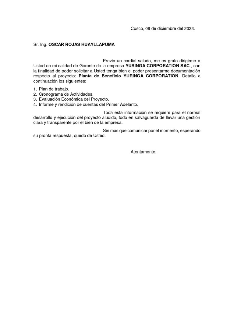 Solicitud de Documentación Proyecto YURINGA | PDF | Negocios