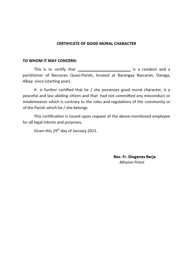 Sample Good Moral Character 1 | PDF