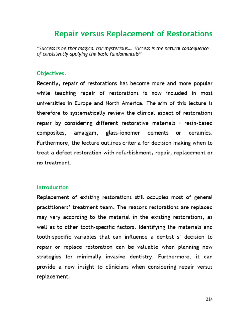 Repair Versus Replacement | PDF | Dental Composite | Dentistry Branches