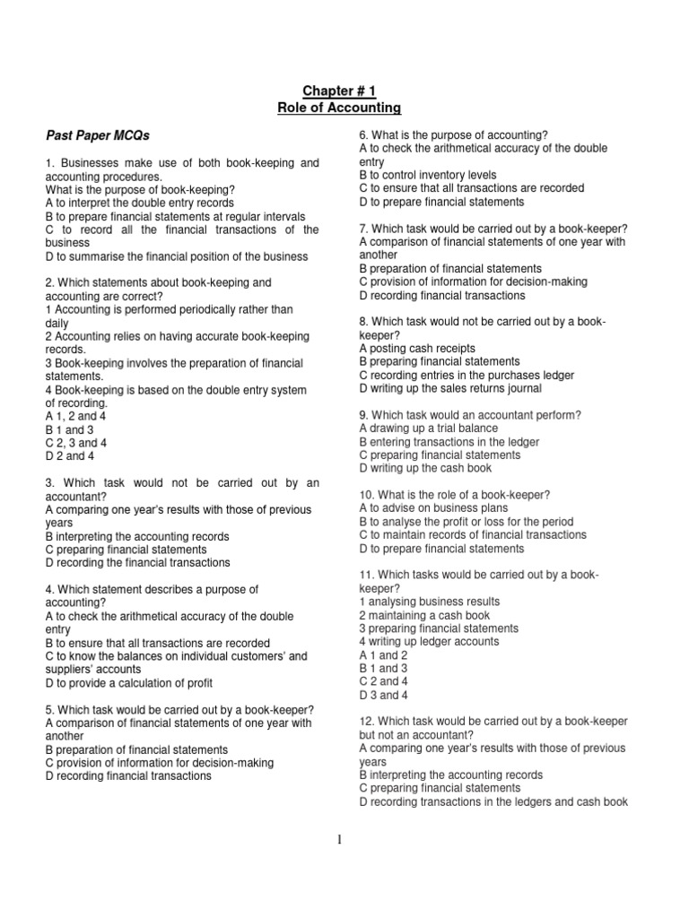 CHAPTER 1 Role of Accounting (MCQ) | PDF | Bookkeeping | Debits And Credits
