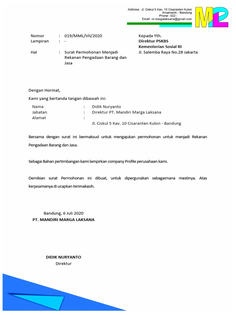 Surat Permohonan Rekanan Kemensos | PDF