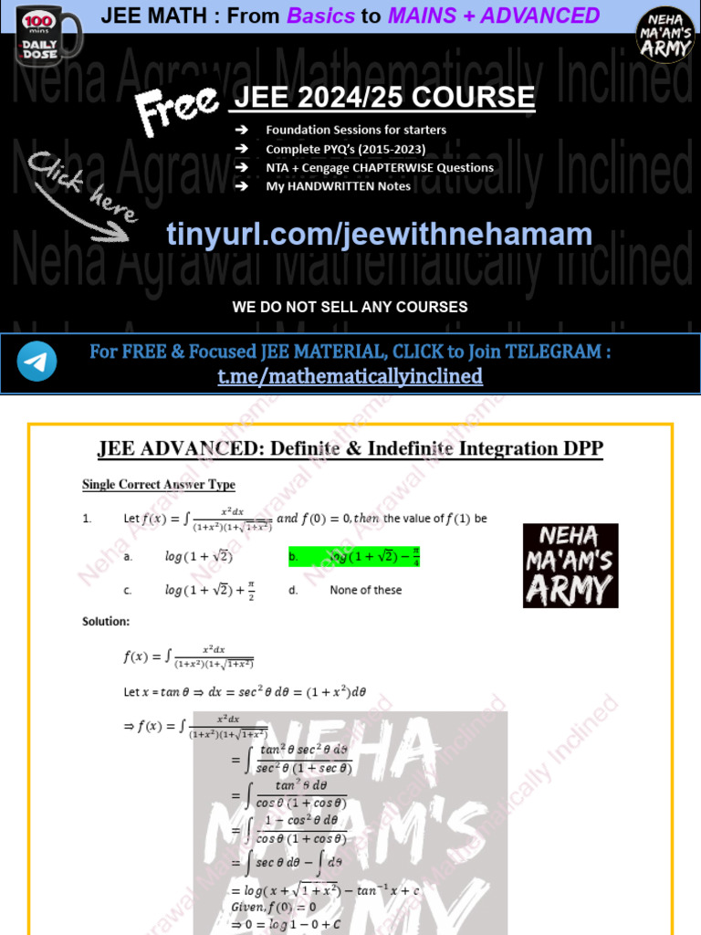 DDP Solutions JEE ADVANCED Definite & Indefinite Integration | PDF | Integral | Function ...