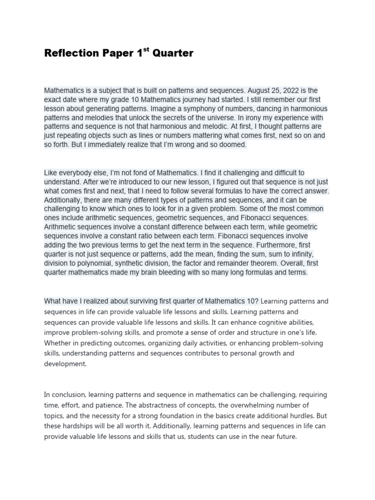 Reflection Paper 1st Quarter | PDF | Mathematics | Quantile