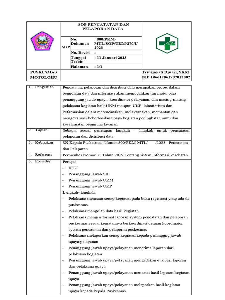 SOP Pencatatan Dan Pelaporan | PDF