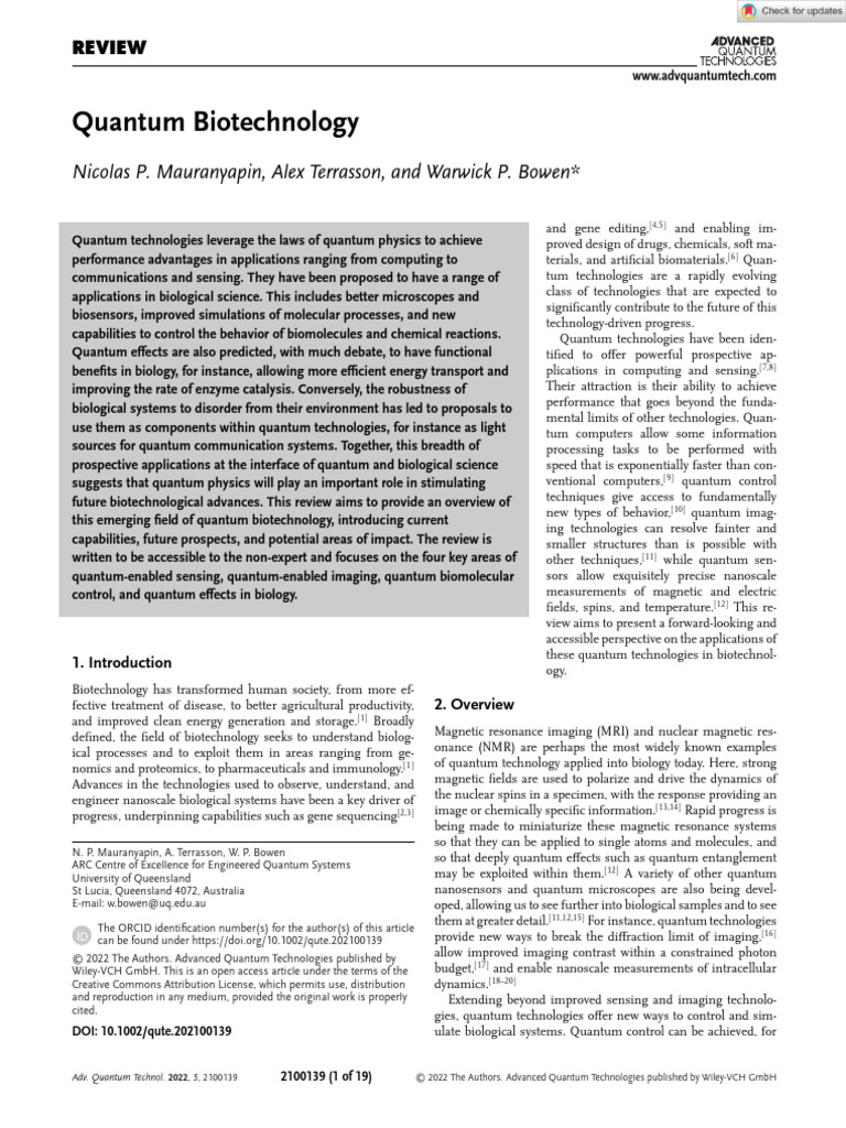 Adv Quantum Tech - 2022 - Mauranyapin - Quantum Biotechnology | PDF ...