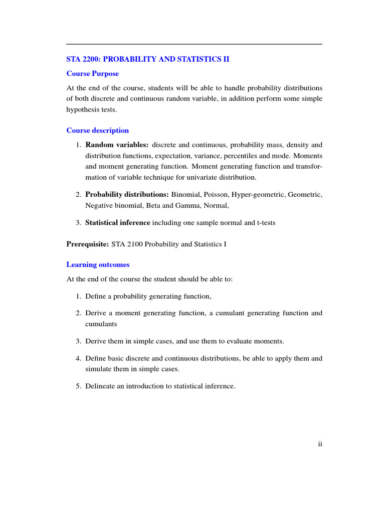 Sta 2200 Probability & Statistics II (Course Outline With Notes) | PDF