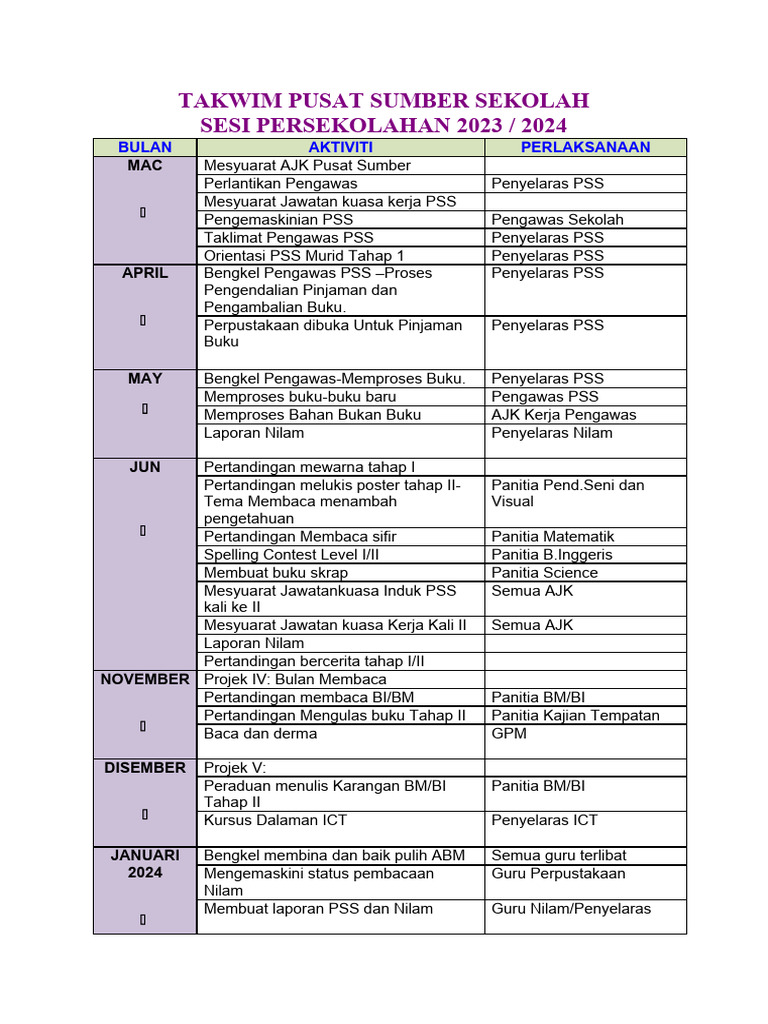 Takwim Pusat Sumber Sekolah 2023/2024 | PDF | Karier & Perkembangan