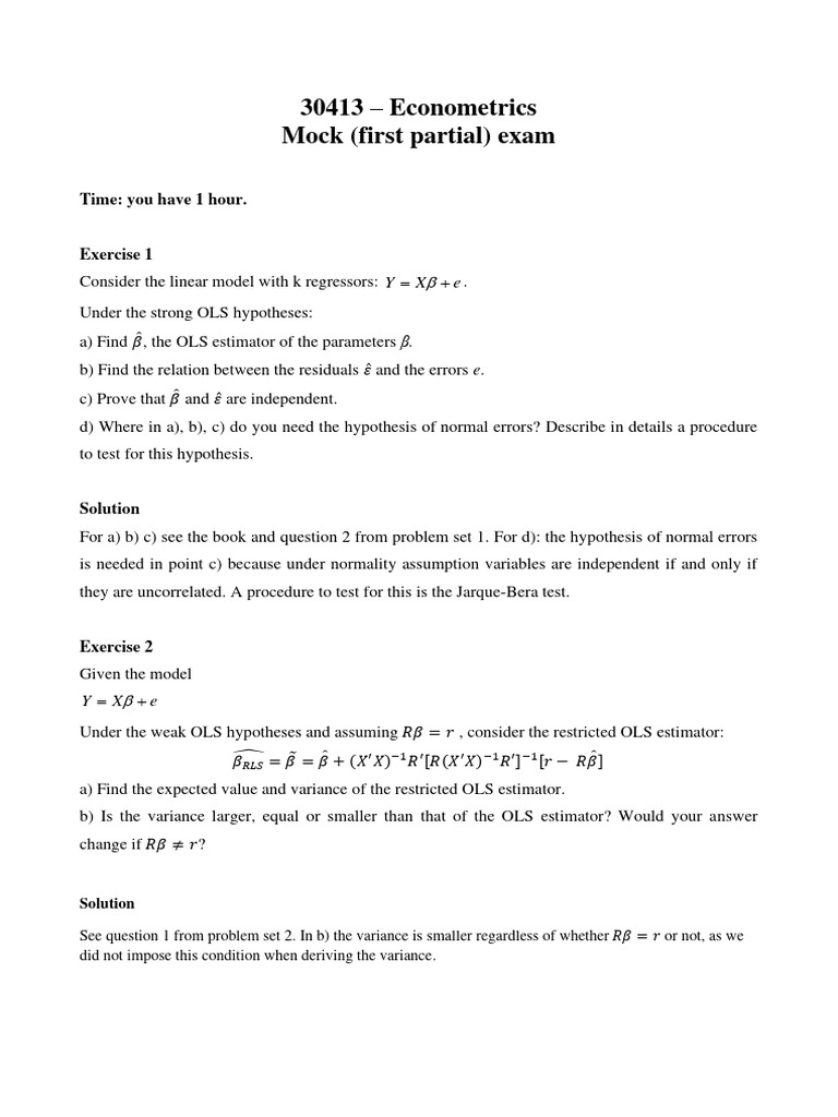 Econometrics Mock Exam - Solutions | PDF | Ordinary Least Squares ... Econometrics Mock Exam - Solutions | PDF | Ordinary Least Squares ...