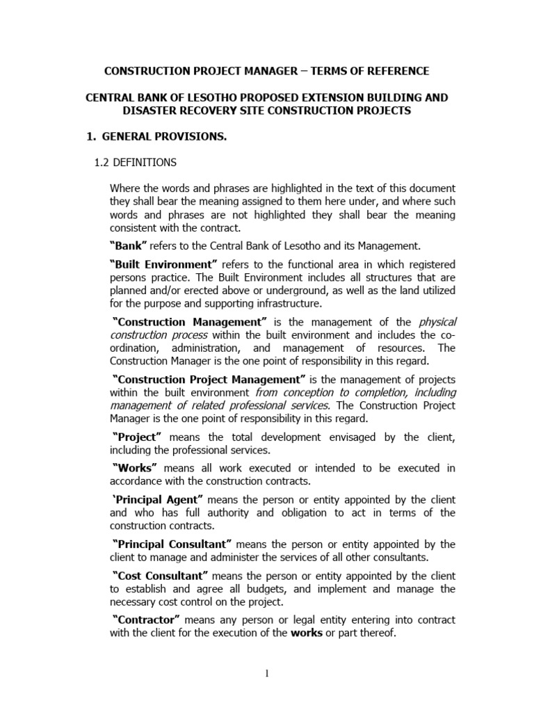 TOR Constr Project Manager | PDF | Project Management | Consultant