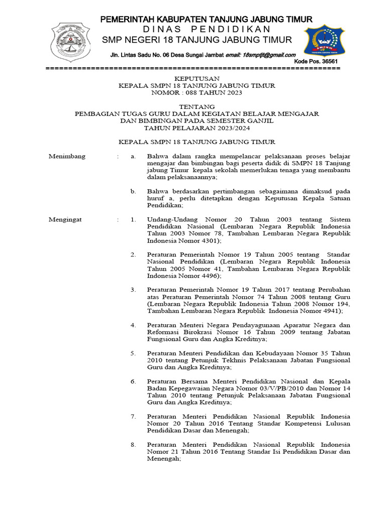 SK Tugas Mengajar TP 2023 2024 Semester 1 | PDF