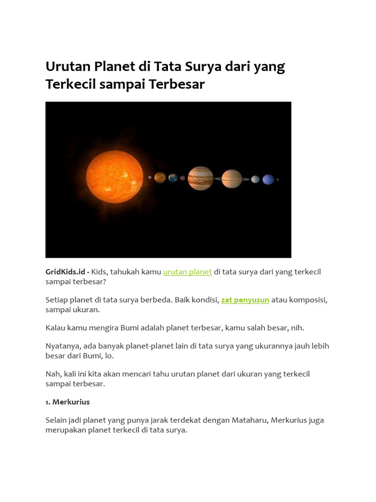 Urutan Planet Di Tata Surya Dari Yang Terkecil Sampai Terbesar | PDF