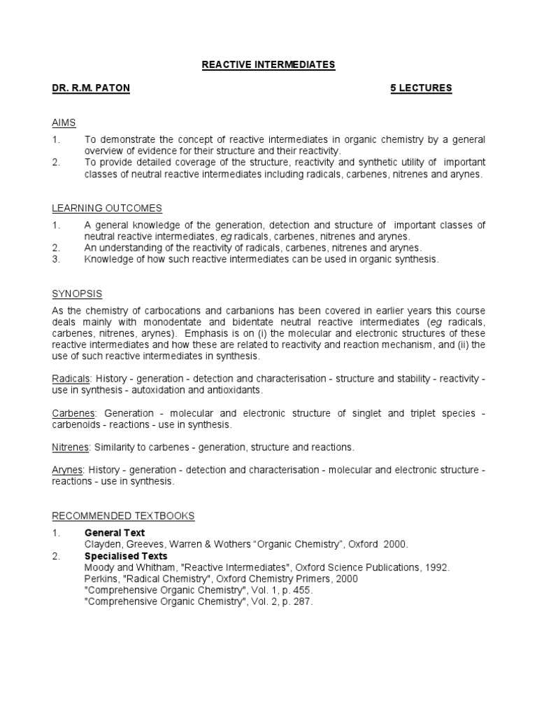 Reactive Intermediates - Lectures | PDF | Radical (Chemistry ...