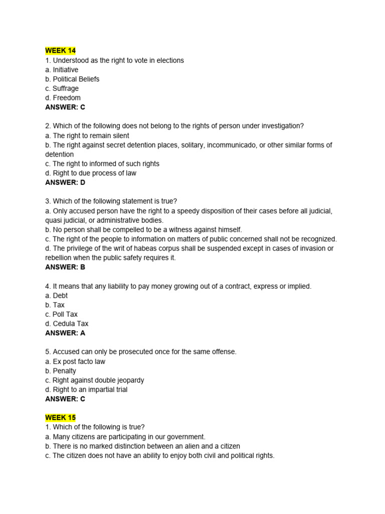 Week 14 15 Questionnaire | PDF | Citizenship | Suffrage