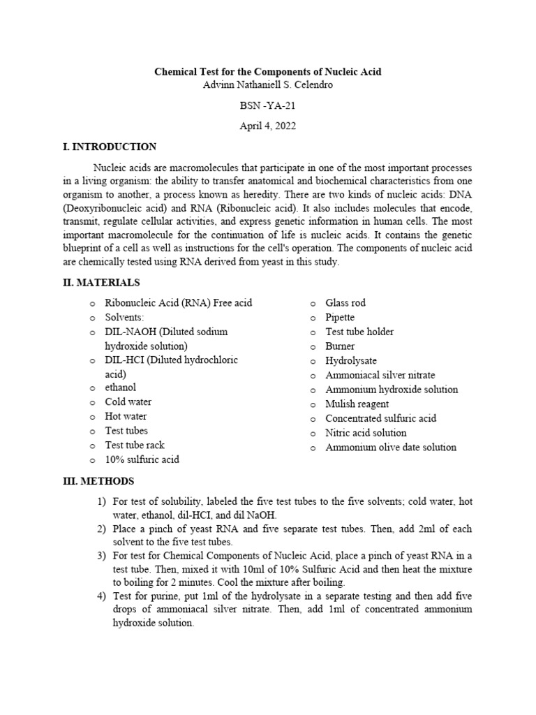 Chemical Test For The Components of Nucleic Acid LABREPORT | PDF | Acid ...