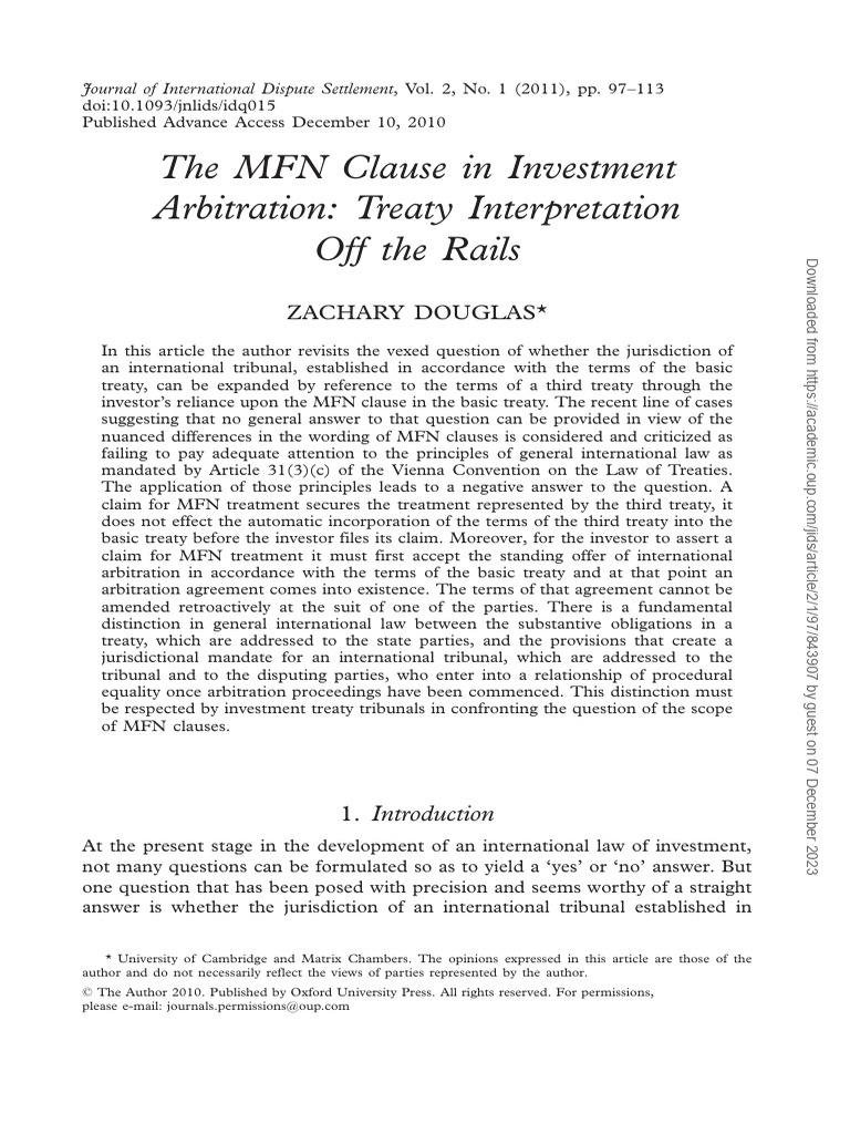 The MFN Clause in Investment Arbitration: Treaty Interpretation Off The ...