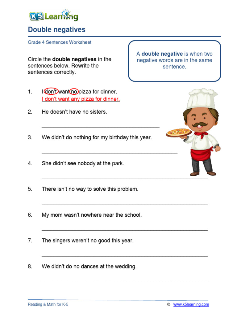 Grade 4 Double Negatives Worksheet | PDF | Wellness