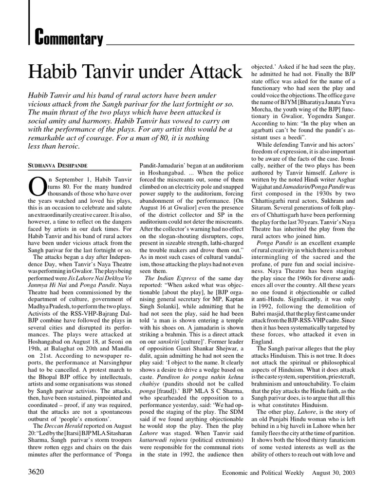 Habib Tanvir Under Attack | PDF | Dalit | Politics Of India