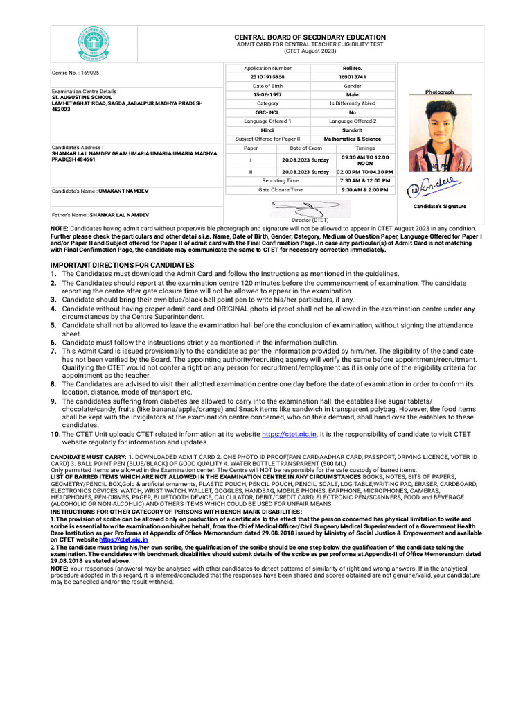 Format of Admit Card | PDF