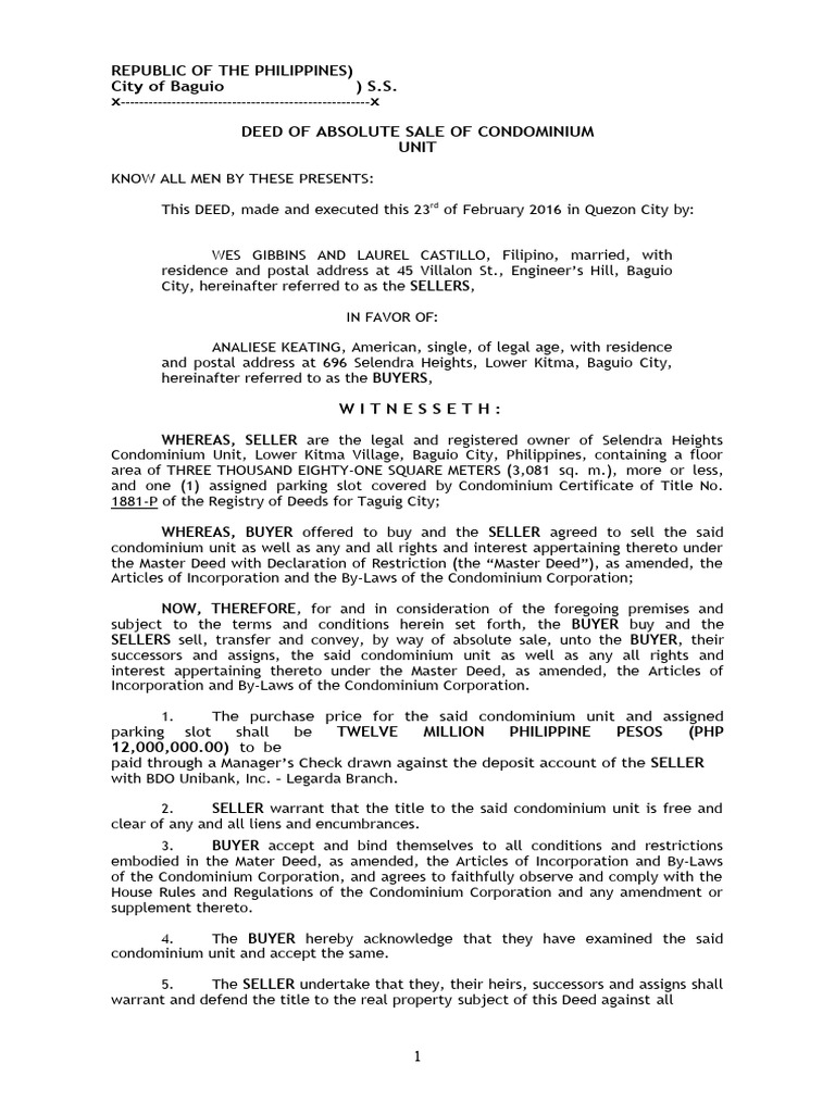 Absolute Deed of Sale 1 | PDF | Condominium | Taxes