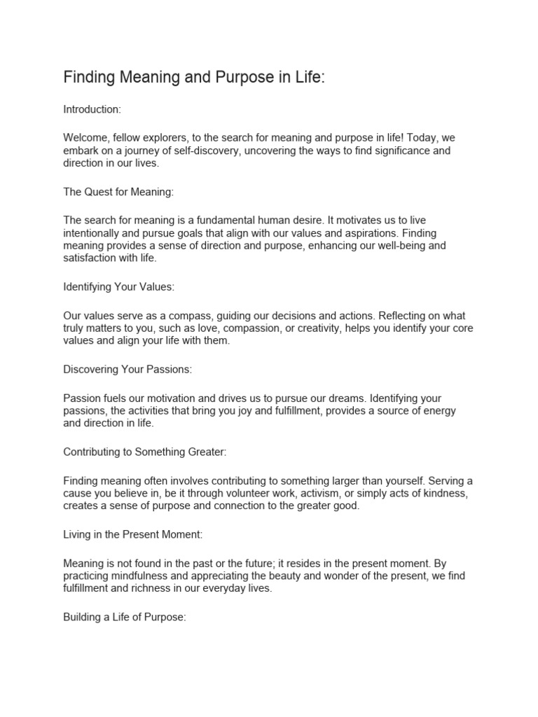 Finding Meaning and Purpose in Life | PDF