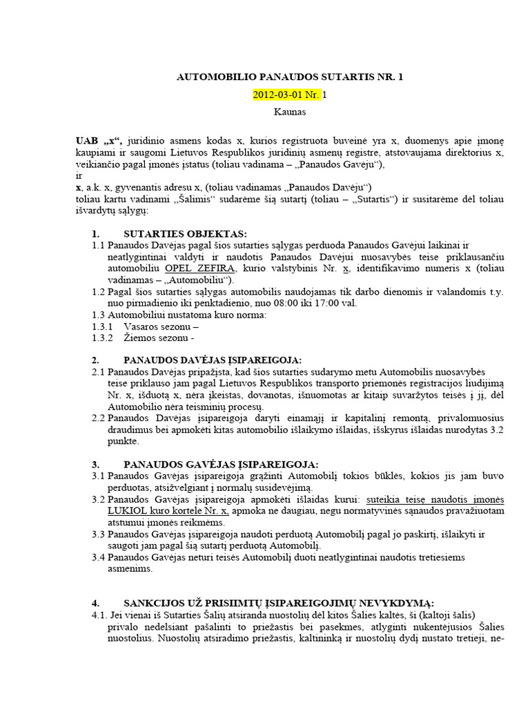 Panaudos Sutartis - Original | PDF