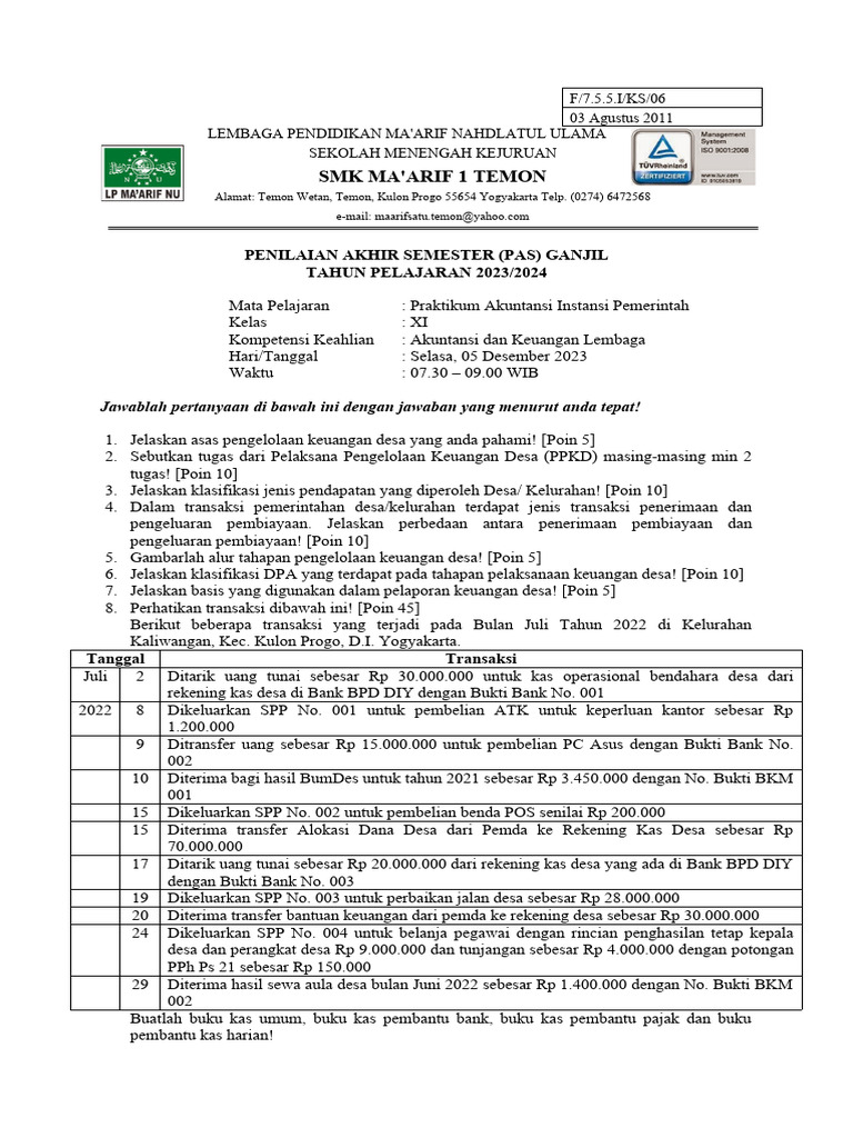 SOAL PAS Dan Kisi-Kisi Kelas XI Sem Ganjil 2023-2024 (Prakt. Akuntansi Instansi Pemerintah) | PDF