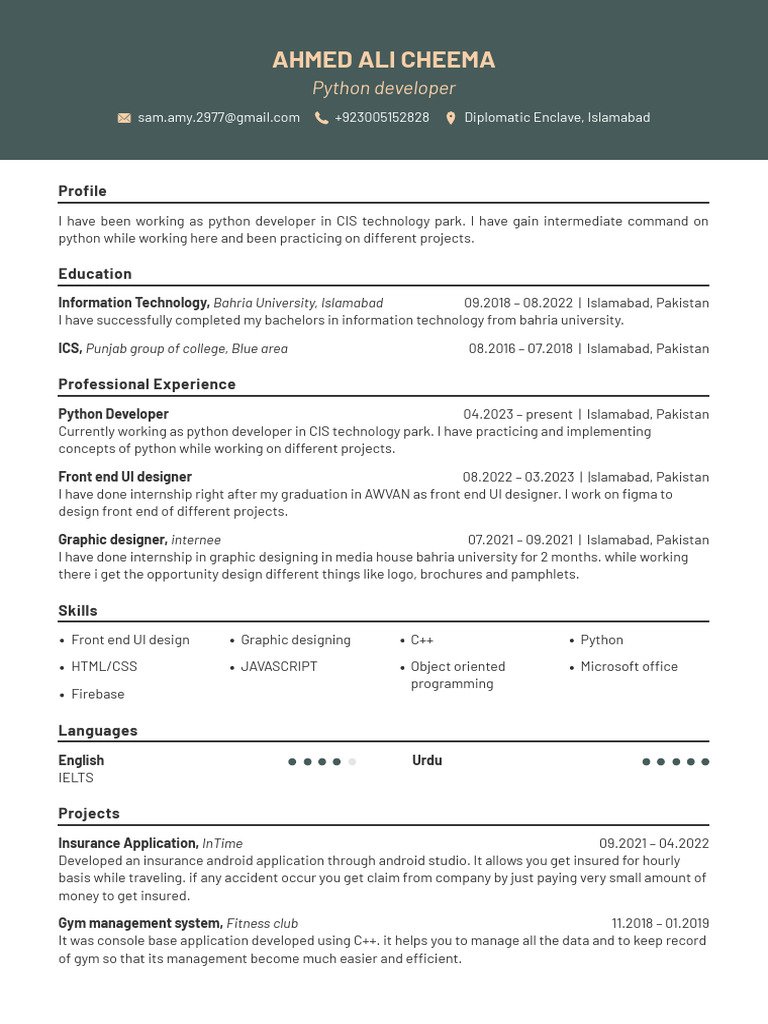 Python Developer Ahmed Ali Cheema | PDF | Islamabad | World Politics